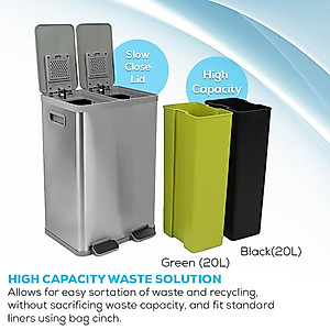 40 Liter Rectangular Hands-Free Dual Compartment Recycling Kitchen Step Trash Can with Soft-Close Lid, Brushed Stainless Steel (2 x 20L Capacity)