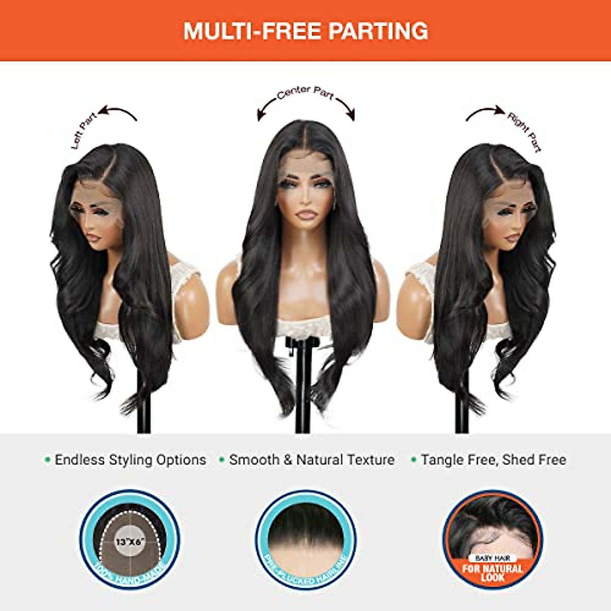 GLAM21USA HD Lace Front Straight Curly Wig 13X6 Glueless Invisible Transparent Frontal Wig Long Human Hair Blend PrePlucked Hairline Swiss-Lace Synthetic Wigs - Tastee (28 Inch, 1B-OFFBLACK)