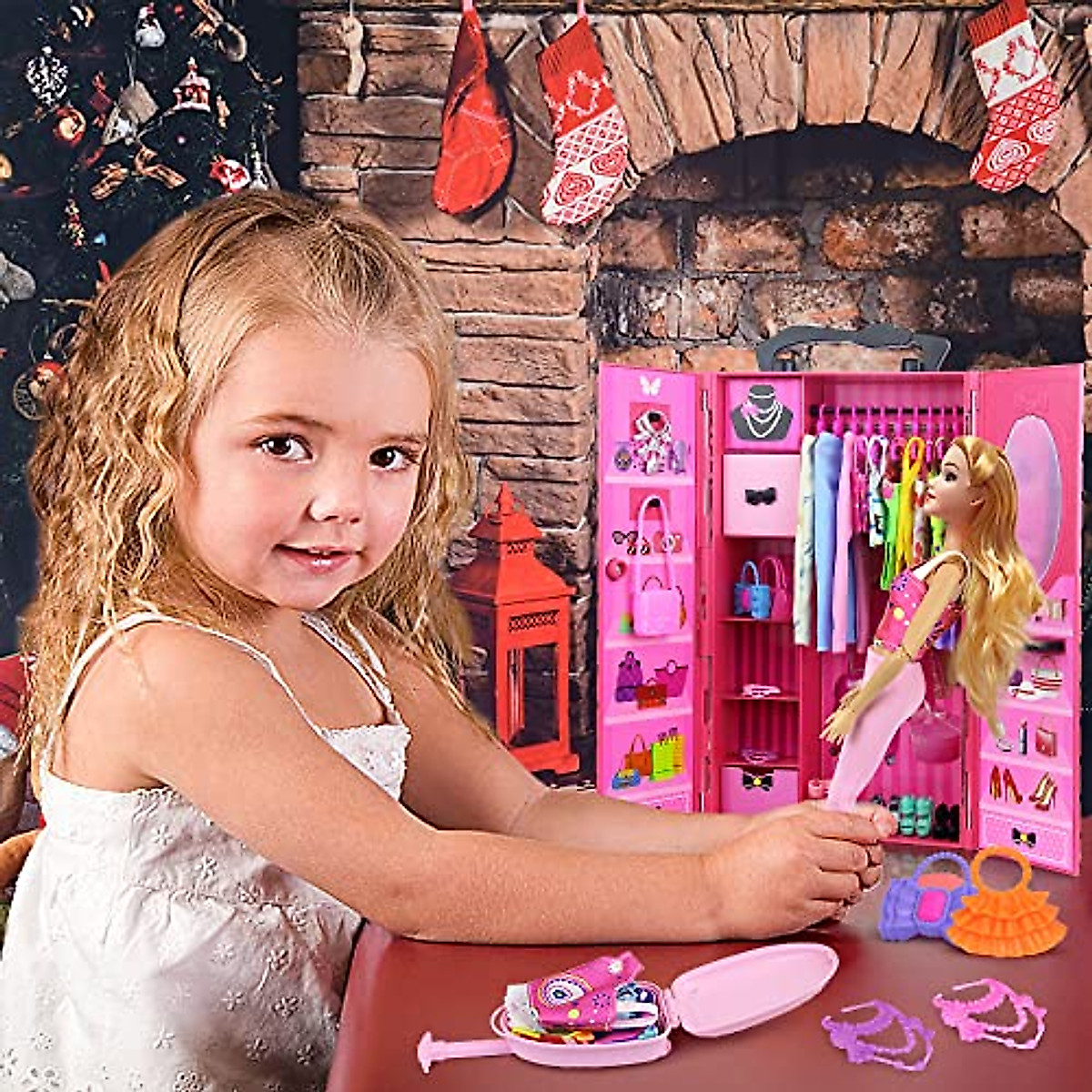ZITA ELEMENT 11.5 Inch Girl Doll Closet Wardrobe with Clothes and Accessories Set 101 Pcs Including Wardrobe Suitcase Clothes Dresses Swimsuits Shoes Hangers Necklace Bags and Other Stuff