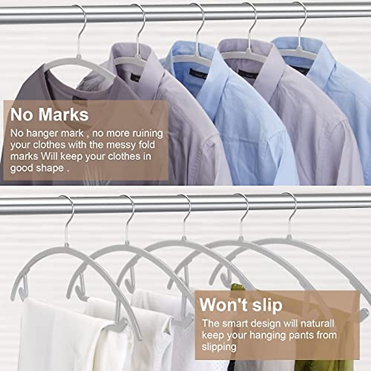 TIMMY Plastic Hangers 50pack No Shoulder Bump Suit Hangers - Chrome Hooks,Non Slip Space Saving Clothes Hangers, Heavyduty,Rounded Hangers for Sweaters,Coat,Jackets,Pants,Shirts,Dresses Grey Hangers