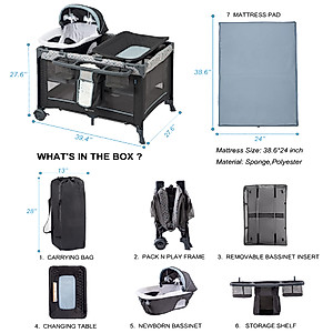 5 in 1 Multifunctional Pack and Play,Qutanix Foldable Baby Crib with Bassinets,Changing Table,Newborn Napper with Canopy,Diaper Stacker,Baby Playpen for Babies and Toddlers