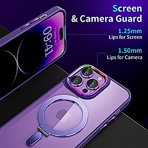 niufoey Magnetic Kickstand Case for iPhone 14 Pro Max,[Compatible with MagSafe] [Silicone Bumber & Hard Back] [Glitzy Camera Frames] Cute Slim Kickstand Cover 6.7 inch for Women Men-Purple