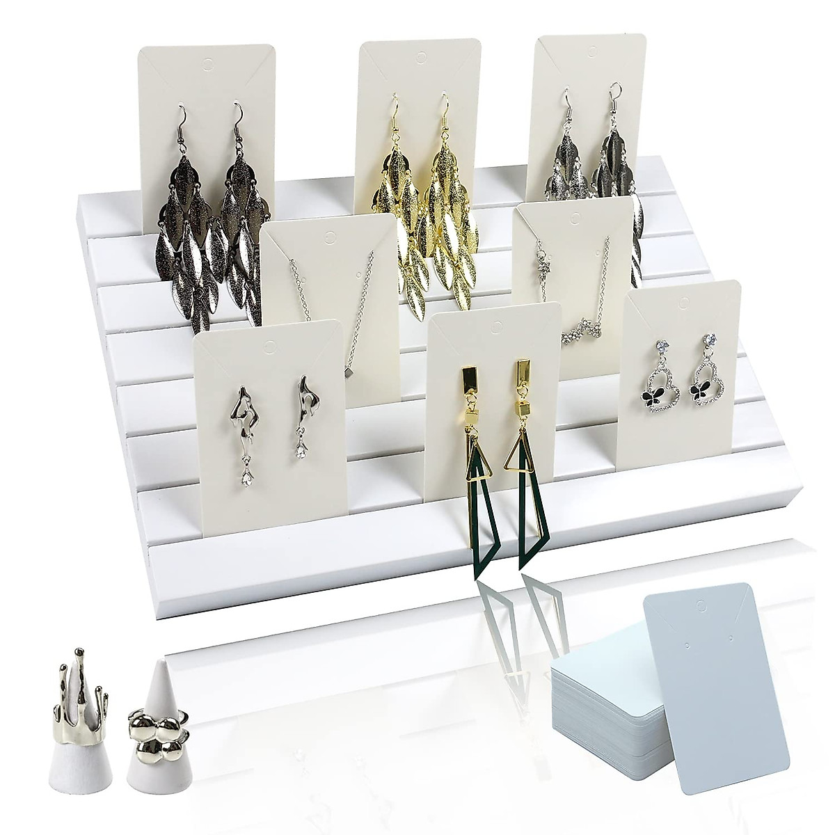 Wooden Earring Display Stands, Portable Earring Display+100 Pcs Earring Display Card+2 Pcs Rings Holder, for Showing Earring, ring, Business Card, Jewelry, Photo(White Color)