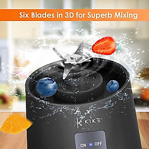 KIKE Portable Blender, Personal Blender for Shakes and Smoothies with 6 Blades and 16oz, USB Rechargeable, Travel Cup and Lid, Juices, Baby Food, Heavy Duty and Food Processor (BLACK)