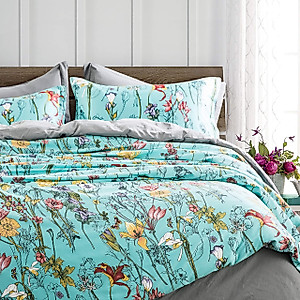 Eikei Vintage Botanical Flower Print Bedding 400tc Cotton Sateen Romantic Floral Scarf Duvet Cover 3pc Set Colorful Antique Drawing of Summer Lilies Daisy Blossoms (Twin, Blue)