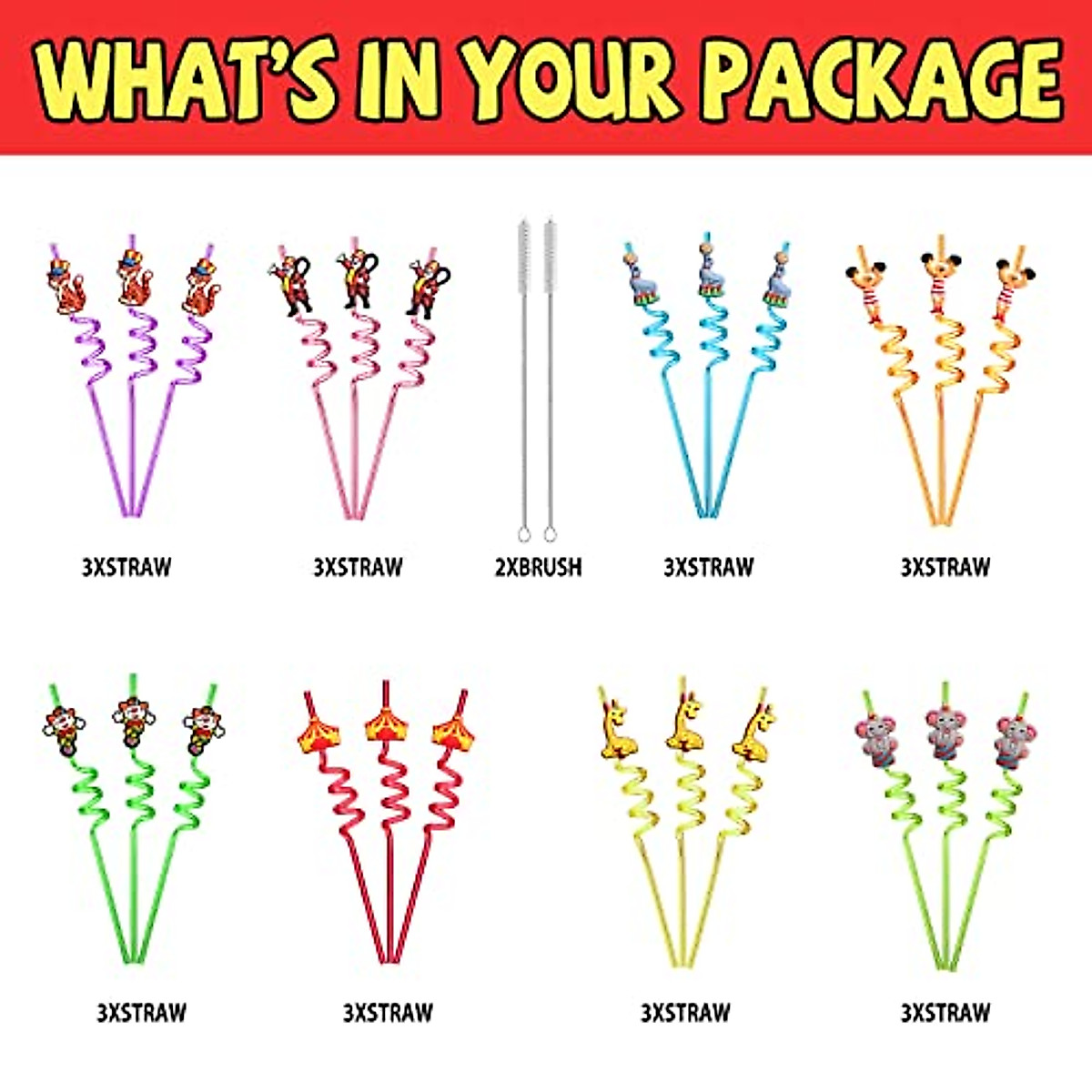 24 Circus Party Favors Drinking Straws for Circus Carnival Party Supplies with 2 PCS Straws Cleaning Brush