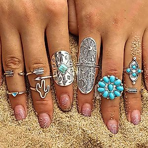 ELABEST Size7-9 Western Ring Set Silver Turquoise Cactus Arrow Flower Carved Retro Stackable Joint Knuckle Finger Rings Sets for Women(9 Pcs)