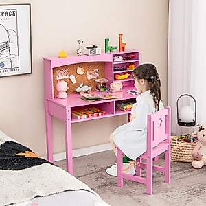 Costzon Kids Desk and Chair Set, Wooden Study Desk for Kids with Storage, Hutch, Cork Bulletin Board, Student Writing Computer Workstation, Kids Desk for Study Room, Bedroom, School, Pink