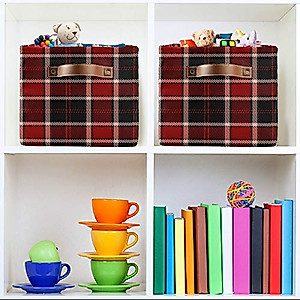 ALAZA Decorative Basket Rectangular Storage Bin, Red Black and Pink Tartan Plaid Scottish Organizer Basket with Leather Handles for Home Office