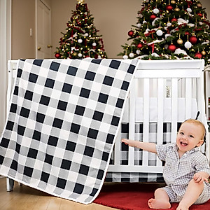 Brandream White Black Nursery Bedding Buffalo Plaid Neutral Baby Bedding 3 Piece Patchwork Blanket Set, Fitted Sheet, Crib Skirt