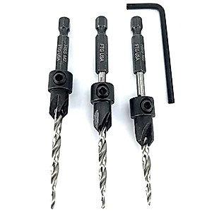 FTG USA Countersink Drill Bit Set 3 Pc #8 (11/64") Countersink Drill Bit with Tapered Drill Bits, Quick Change Hex Shank Countersink Bit, 1 Hex Wrench, Counter Sinker Drill Bit Set for Woodworking