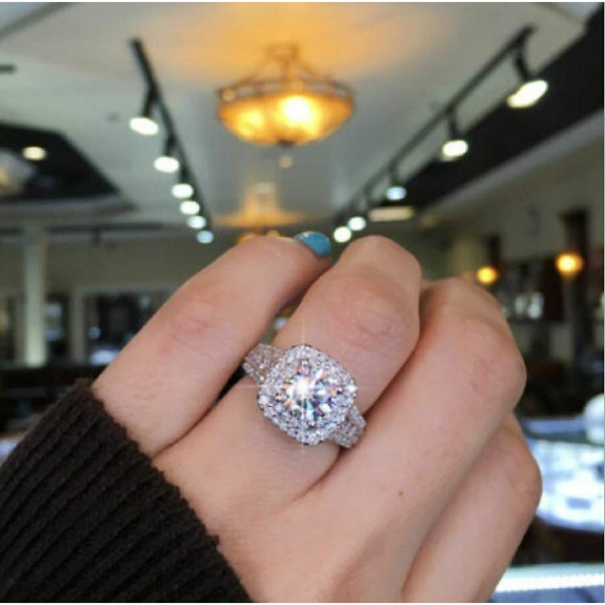 ChenFeng Fashion Ring Cushion Cut ct Zircon Stone 925 Sterling Silver Engagement Wedding Band Ring Cubic Zirconia Promise Halo Engagement Ring Anniversary Wedding Bands Size 6-10 (8)