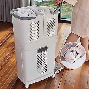 Laundry Baskets, Movable Hand-Held Laundry Basket Bathroom Clothes Storage Basket W/Wheeled, Storage Basket for Blanket, Toys, Dirty Clothes in Living Room, Bathroom, Bedroom
