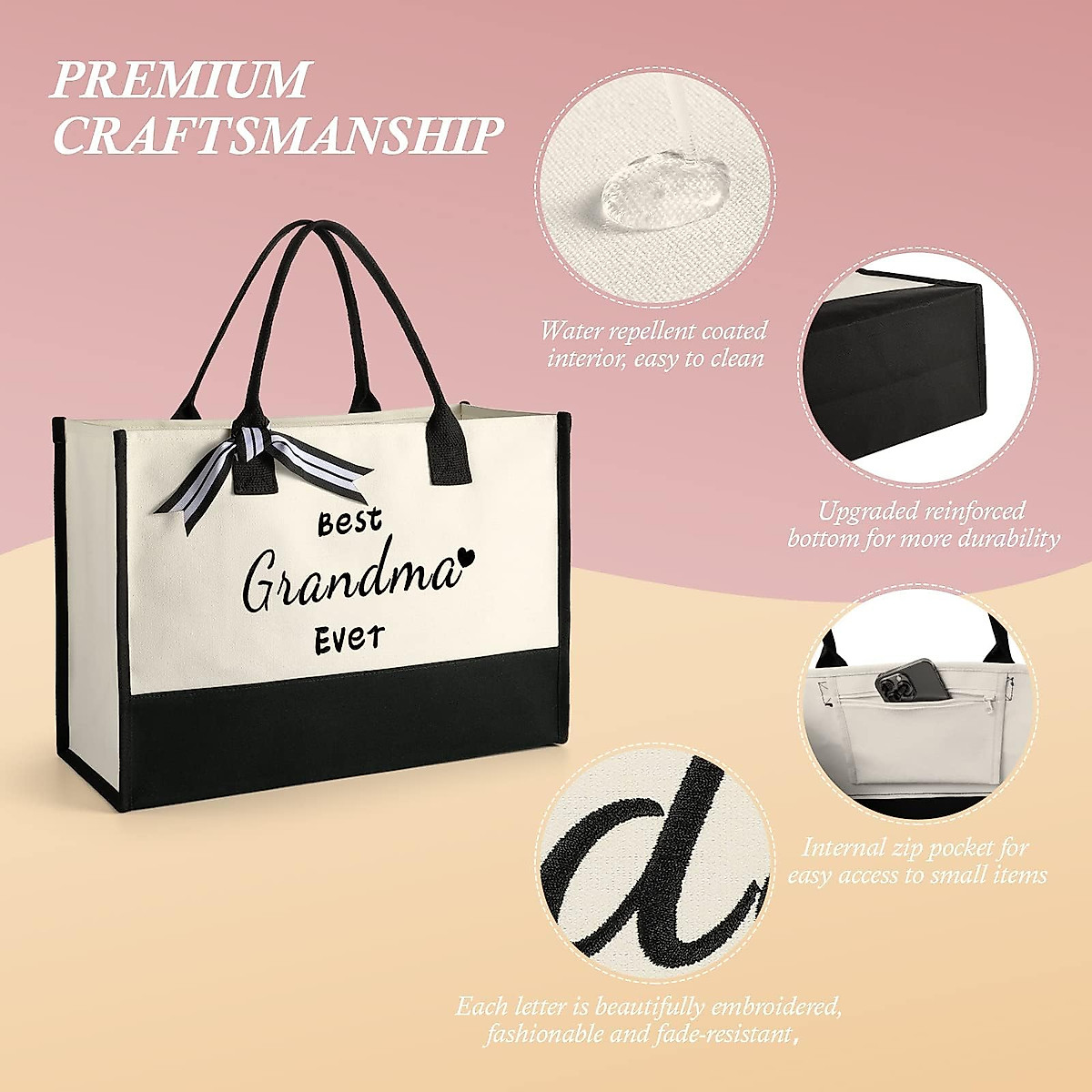 Grandma Gifts Christmas, Embroidery Can-vas Tote Bag w Makeup Bag Inner Pocket Gifts Box Card Set for Women, Gifts for Grandma, Grandma Bag, Personalized Grandma Birthday Gifts, Best Grandma Ever