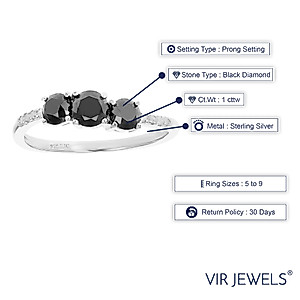 Vir Jewels 1 cttw 3 Stone Black and White Diamond Ring with Twist in .925 Sterling Silver Size 8