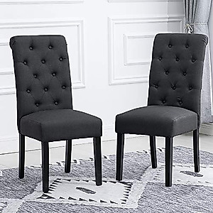 Pair Dining Room Chairs Kitchen Chairs Set of 2 Grey Comfortable Linen Fabric Upholstered Black Wood Legs Side Chairs Studded Nailhead and Button for Living Room Restaurant Lounge (2, Charcoal Grey)