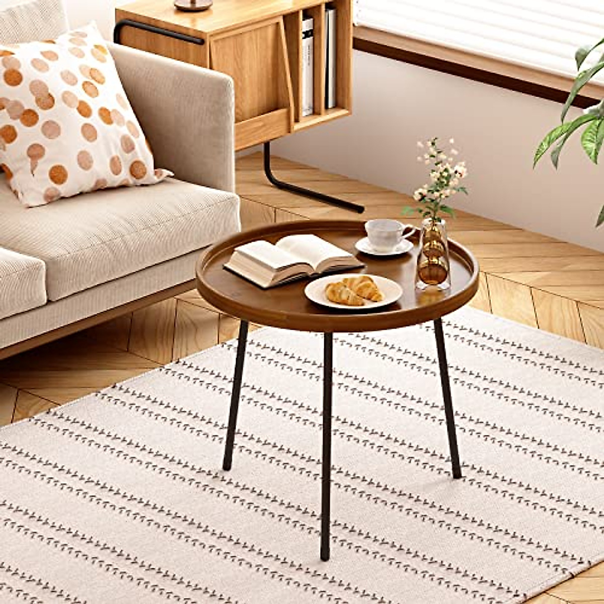 Yoimori End Table, 23 inch Wooden Round Coffee Table Nightstand with Tray and Metal Stand, Accent Table Ideal for Living Room Bedroom Office Small Spaces Indoor Outdoor