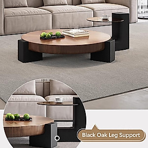 Round Coffee Table, 36in 2-Part Unique Modern Wooden Coffee Tables for Living Room Bedroom Coffee, Solid Wood Coffee Table Leg & Top, Brown Explosion-Proof Glass Small Top