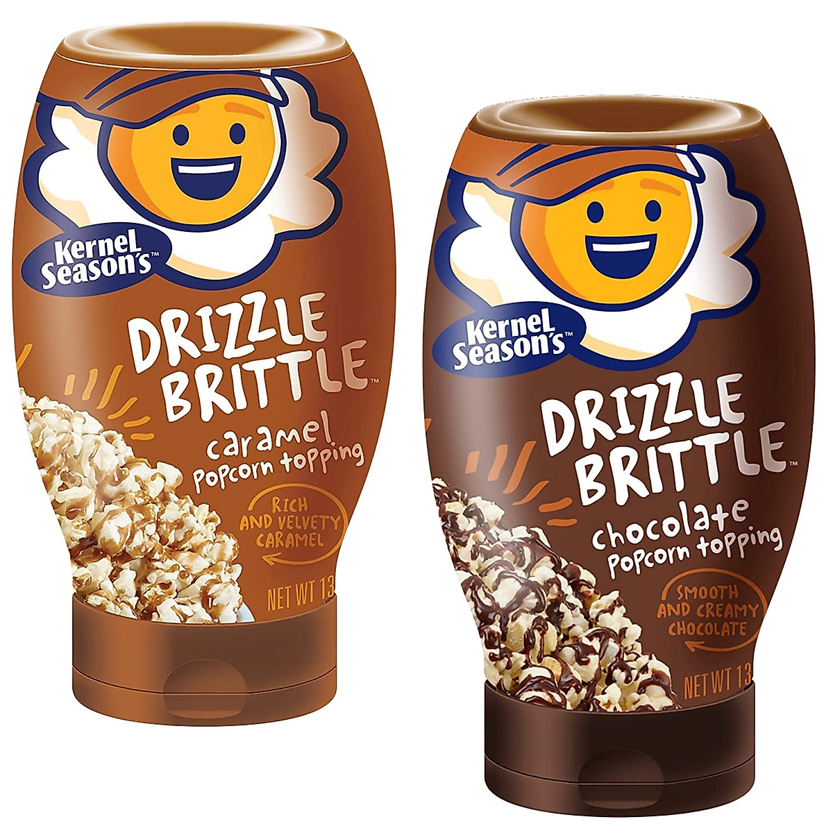 Popcorn Drizzle Sauce Bundle. Includes Two-13.1 Oz Kernel Seasons Drizzle Brittle Popcorn Topping. One Each Flavor: Caramel Drizzle and Chocolate Drizzle. Comes With a BELLATAVO Fridge Magnet!