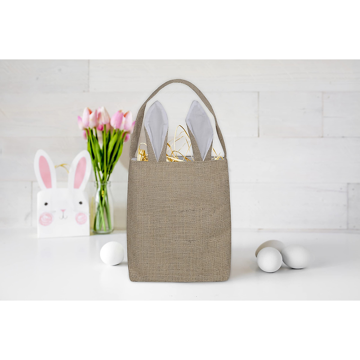 Easter Egg Hunt Basket Bag - Bunny Rabbit Ear Design - Reusable Grocery Shopping Baskets - Kids Party Gift Bags - Baby Shower & Book Storage by Jolly Jon (Burlap/White Ears)