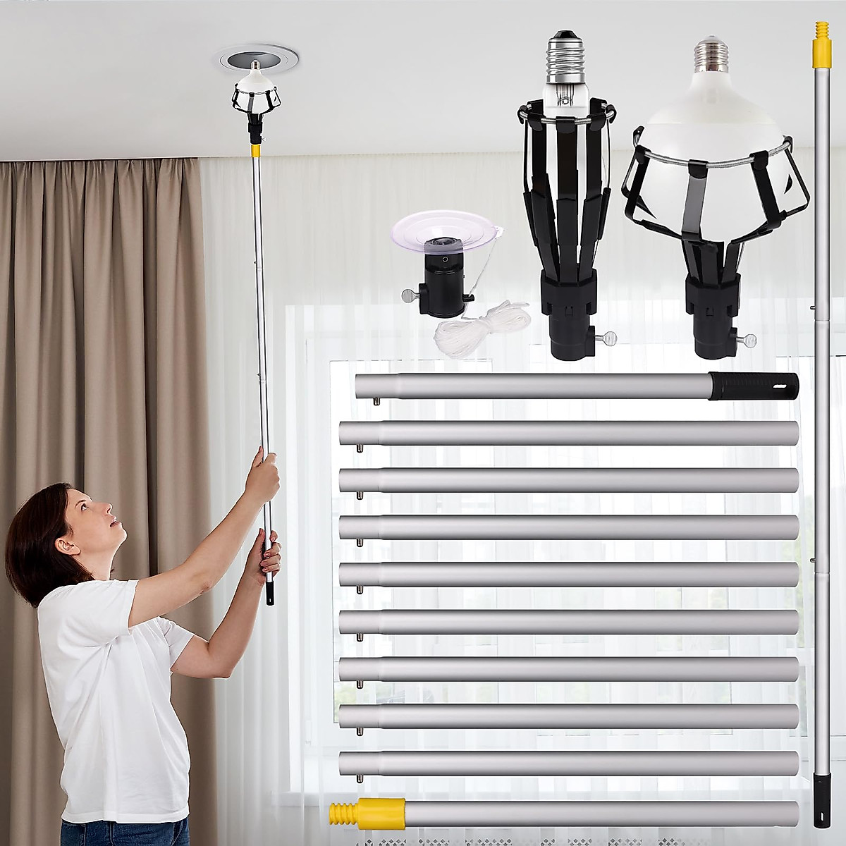 Liaakrr 12FT Light Bulb Changer for High Ceilings, Light Bulb Changer with Baskets and Suction Cup,High Ceiling Light Bulb Changer with Pole, Light Bulb Removal Tool for Household Hanging Lights