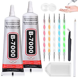 B-7000 Clear Glue Adhesive for Crafting, Industrial Strength Semi Fluid B7000 Glue with Precision Applicator Tips, Art Dotting Stylus Pens for DIY Rhinestone Jewelry Bead Making(2 PCS, 50 ML/ 2.1 oz)