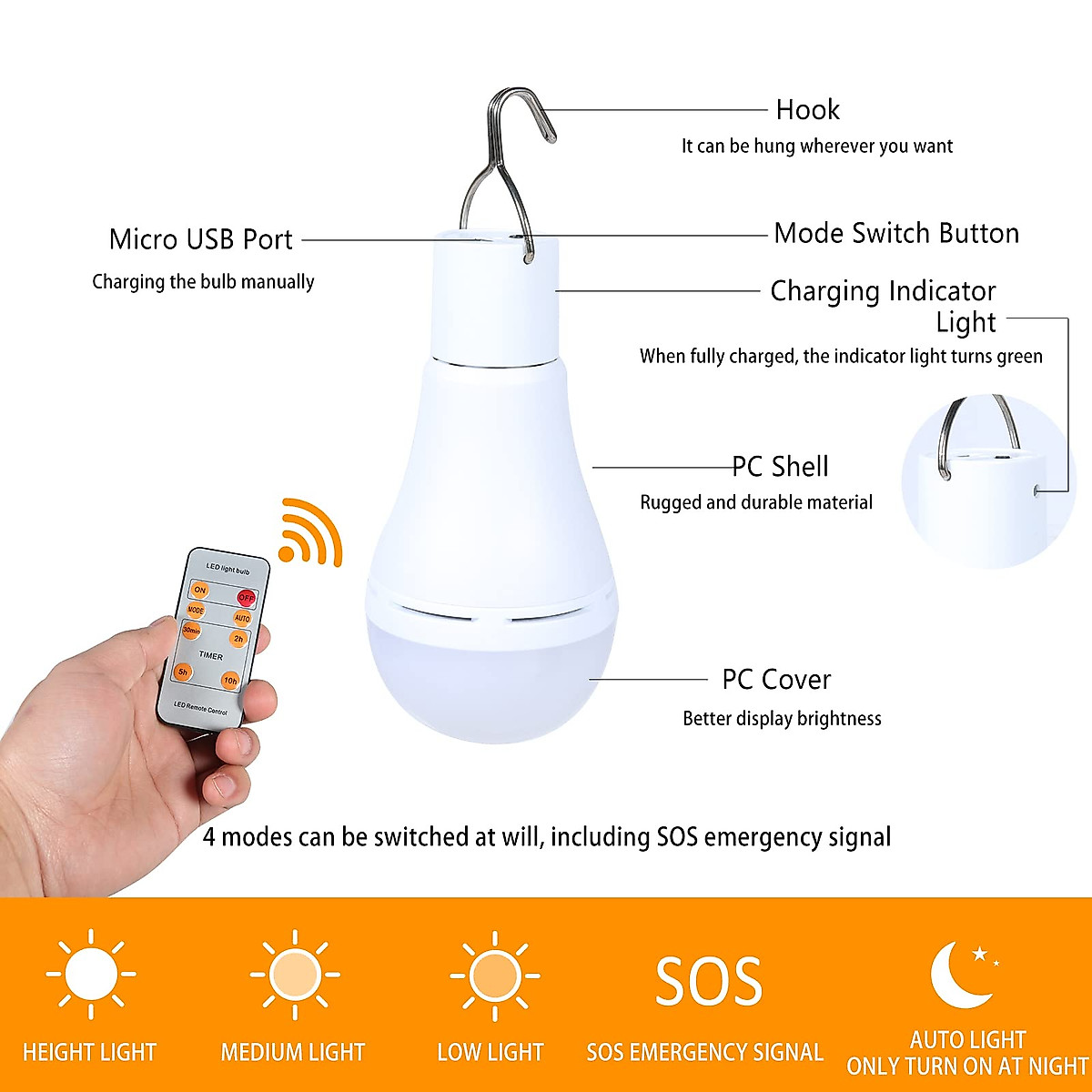 CCGKX Solar Light Bulbs Rechargeable with Remote Timer, 4 Modes Solar Powered Lantern for Indoor&Outdoor Chicken Coop Hurricane Emergency Lighting Hiking Camping (White, 300lm-2pack)