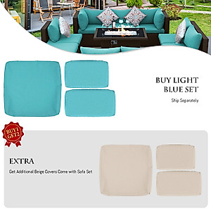 BULEXYARD High Back Brown PE Rattan Outdoor Patio Furniture Set with Propane Fire Pit Table, Large Wicker Outside Sectional Furniture Sofa Conversation Sets for Backyard(Aqua Blue, 7Pcs-A)