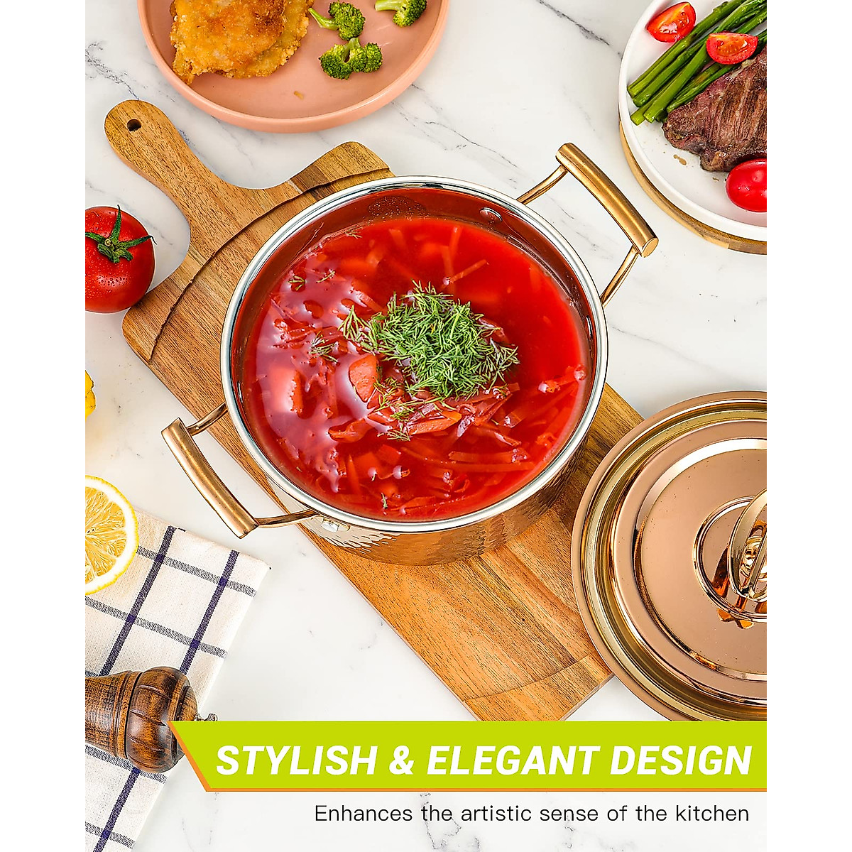 DAEDALUS 7.5QT Stainless Steel Stock Pot with Lid, 3 Triply Clad Hammered Copper Pot, Nonstick Large Stockpot for Home Kitchen Restaurant, Dishwasher Oven Safe -Gold