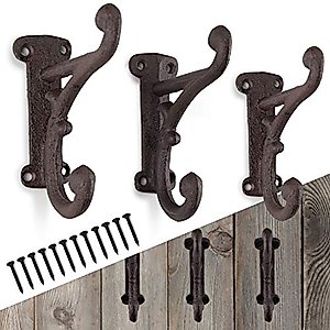 Rustic Cast Iron Coat Hooks (3 Pack) Wall Mounted Farmhouse Decorative Wall Hooks, Vintage Hooks for Hanging Coats, Bags, Hats, Towels (Rustic Dark Brown Patina, Includes Hardware)