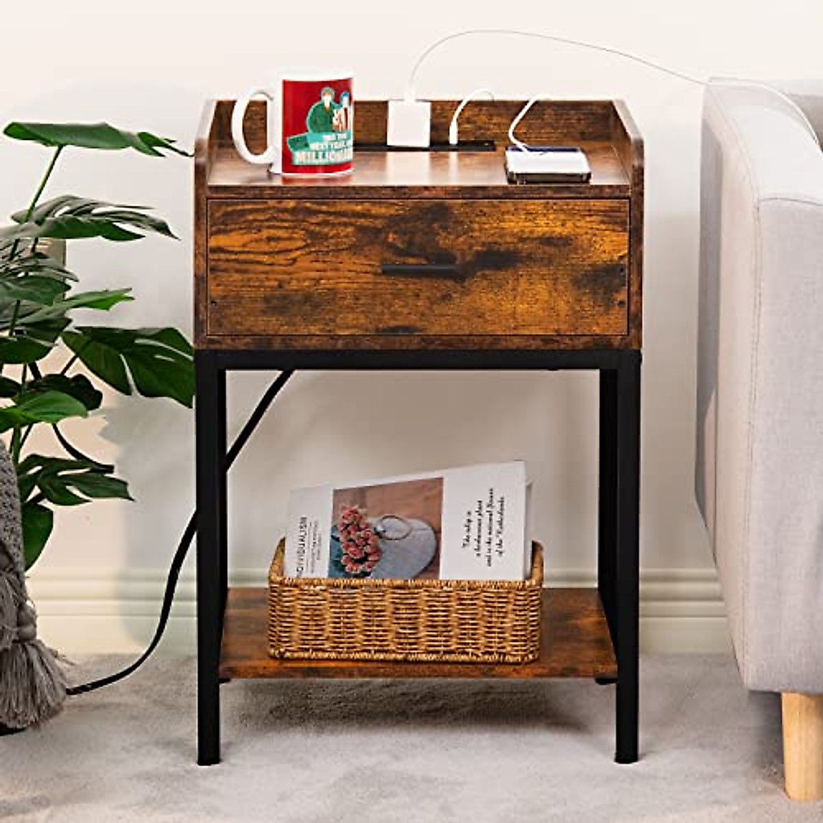 Lerliuo Nightstand with Charging Station and USB Ports, 3-Tier End Side Table with Storage Drawer and Shelf, Modern Bedside Night Stand for Bedroom, Living Room- Retro Brown