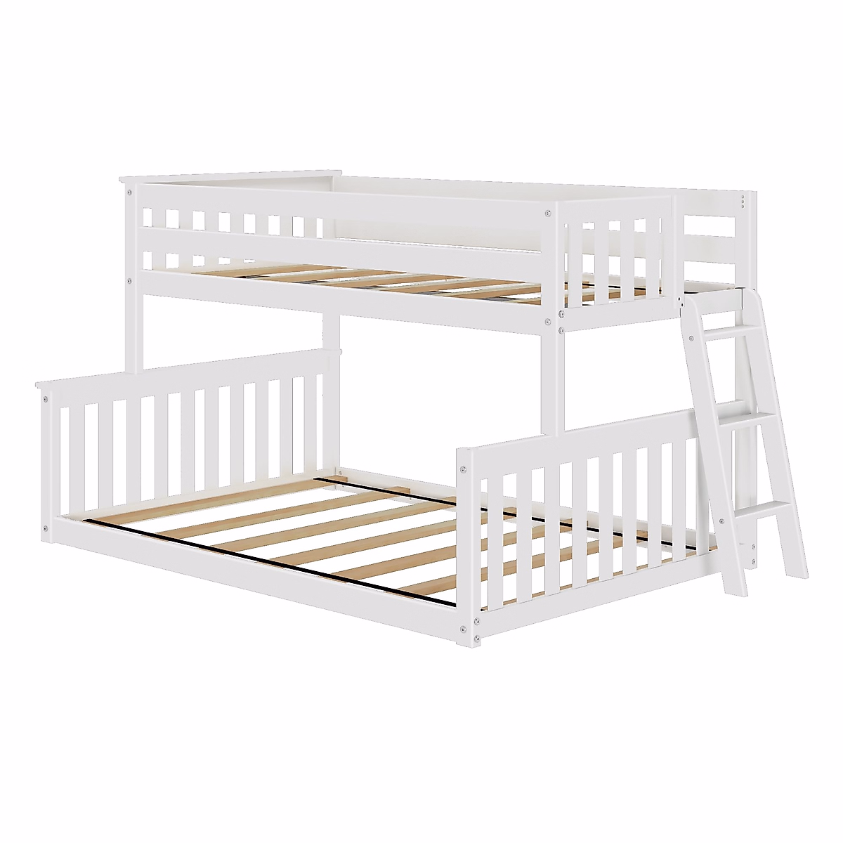 Max & Lily Twin Over Full Low Bunk with Angled Ladder on End, White