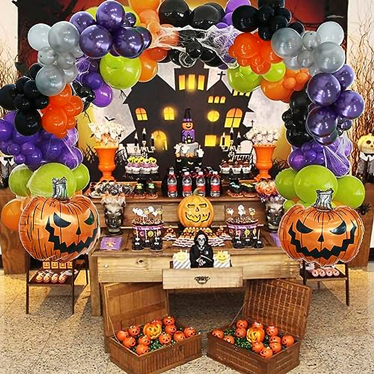 INFLORAL Play Balloon Garland Kit with 164 PCS Black Sliver Green Metallic Purple Orange Balloons and Pumpkin Balloon Garland Kit for Party Decorations