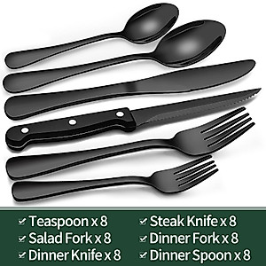 48-Piece Black Silverware Set with Organizer, Black Flatware Set with Steak Knives for 8, Food-Grade Stainless Steel Tableware Cutlery Set, Mirror Finished Utensil Sets for Home Restaurant