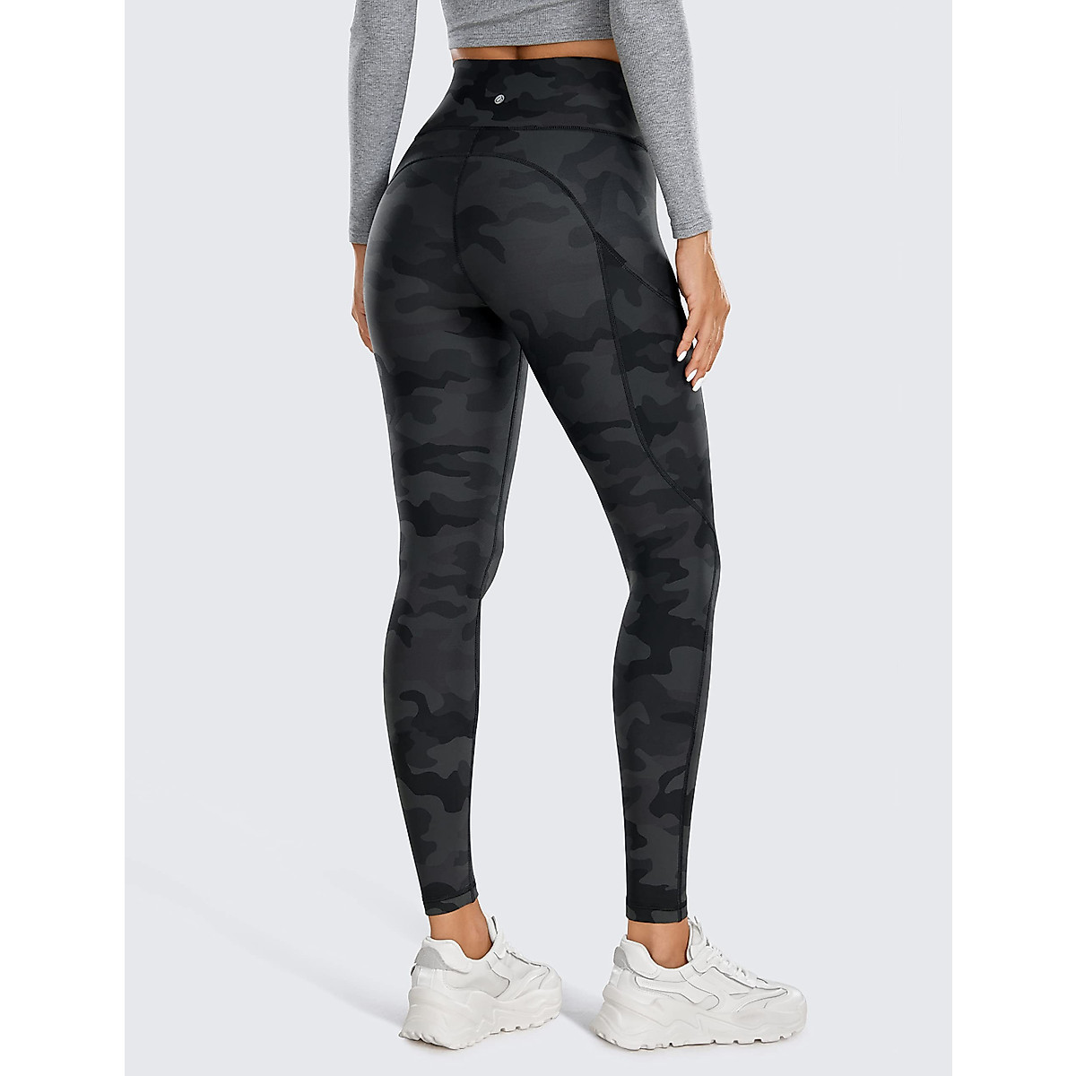 CRZ YOGA Thermal Fleece Lined Leggings Women 28'' - Winter Warm High Waisted Hiking Pants with Pockets Workout Running Tights Dark Grey Camouflage X-Small