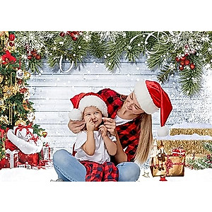 CHAIYA 7x5ft Christmas Backdrop Christmas Rustic Wood Photography Backdrop Xmas Tree Snow Wall Background Xmas Party Supplies Family Kids Party Banner Decorations Backdrops CY191