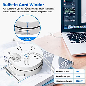 Retractable Power Strip, 6ft Extension Cord Retractable Power Strip Surge Protector with 4 Outlets 2 Smart USB Ports and Hook, Portable & Neat for Travel/Home/Office (White)