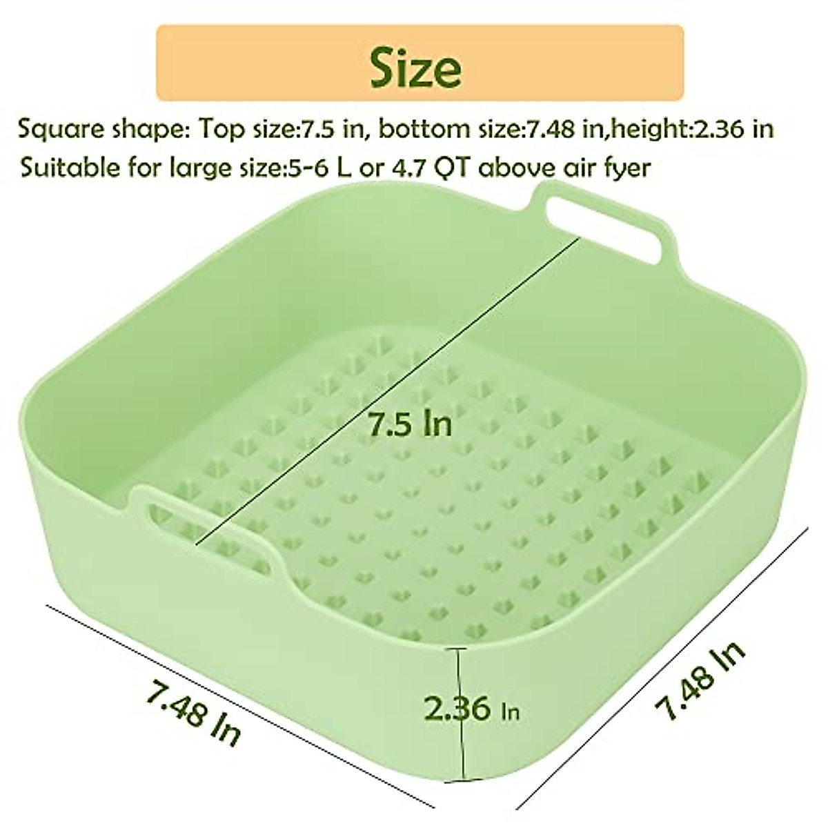 7.5 Inch Air Fryer Liner Silicone,5-7 QT Square Shaped Silicone Air Fryer Liners Bigger Size than Round Shaped to Avoid Cleaning Air Fryer (Square-light green& gray)