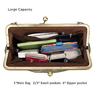 Women Vintage Small Retro Handbags Kiss Lock Crossbody Purse Frosted Leather Messenger Bag Tote