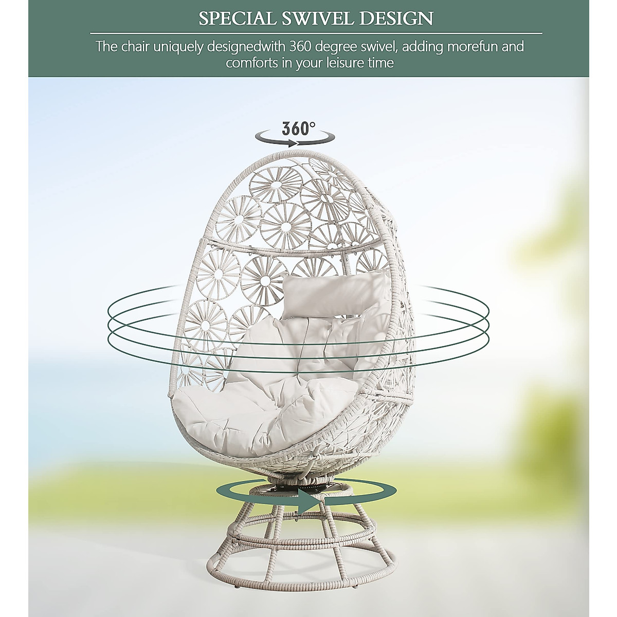 Ulax furniture Wicker Egg Chair, Nest Basket Indoor/Outdoor Lounger for Patio, Backyard, Living Room, Swivel Egg Chair with Cushion (Beige)