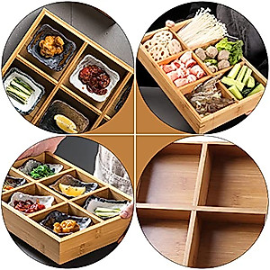 Cabilock Divided Bamboo Tray with 6 Dining Grids Food Serving Plate Fruit Box Dish Vegetable Containers Dessert Storage Bin Organizing for Home Restaurant Hotel