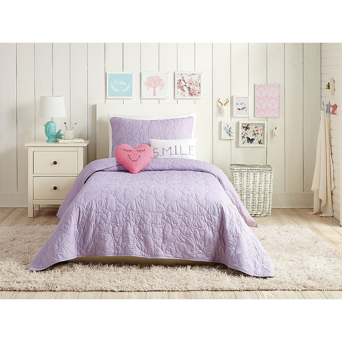 URBAN PLAYGROUND Solid Lavender Purple Hearts Kids Girls Cotton 4-Pc Quilt Set (Includes 2 Pillows) - Twin Size
