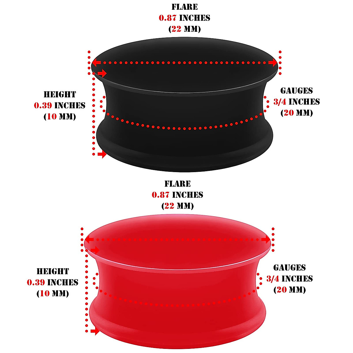 BIG GAUGES 2 Pairs Silicone 3/4 Inch Gauge 20mm Black Red Double Flared Saddle Piercing Ear Flesh Tunnel Earring Stretcher Plugs BG3968