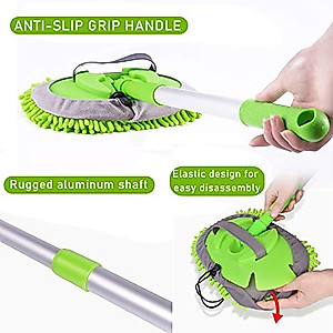 2 in 1 Chenille Microfiber Car Wash Mop Mitt with 46" Aluminum Alloy Long Handle,Car Cleaning Kit Brush Duster,Scratch Free Cleaning Tool Dust Collector Supplies, 2Pcs Mop Head(Green)