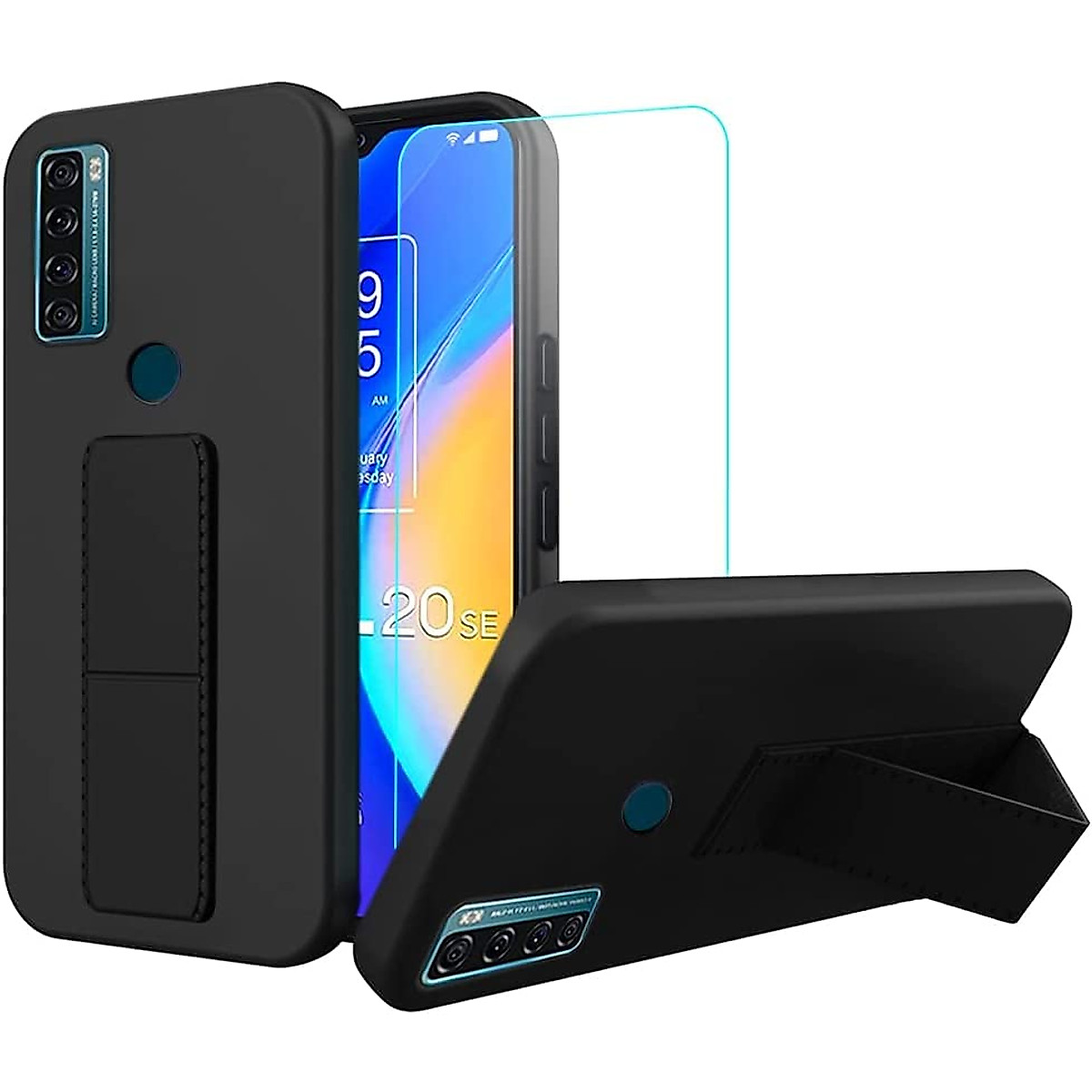 Case for TCL 20 SE Phone Case,Stand Case with Tempered Glass Screen Protector Hidden Telescopic Folding Kickstand Shockproof Protective Cover Silicone TPU Case for TCL 20 SE - Black