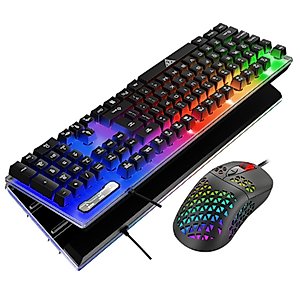 ZHAOXIAN Mechanical Keyboard and Mouse, Wired Gaming Keyboard Blue Switch 104 Keys Rainbow Backlit Keyboard and Wired Mouse 3200 DPI for PC Computer Gamer