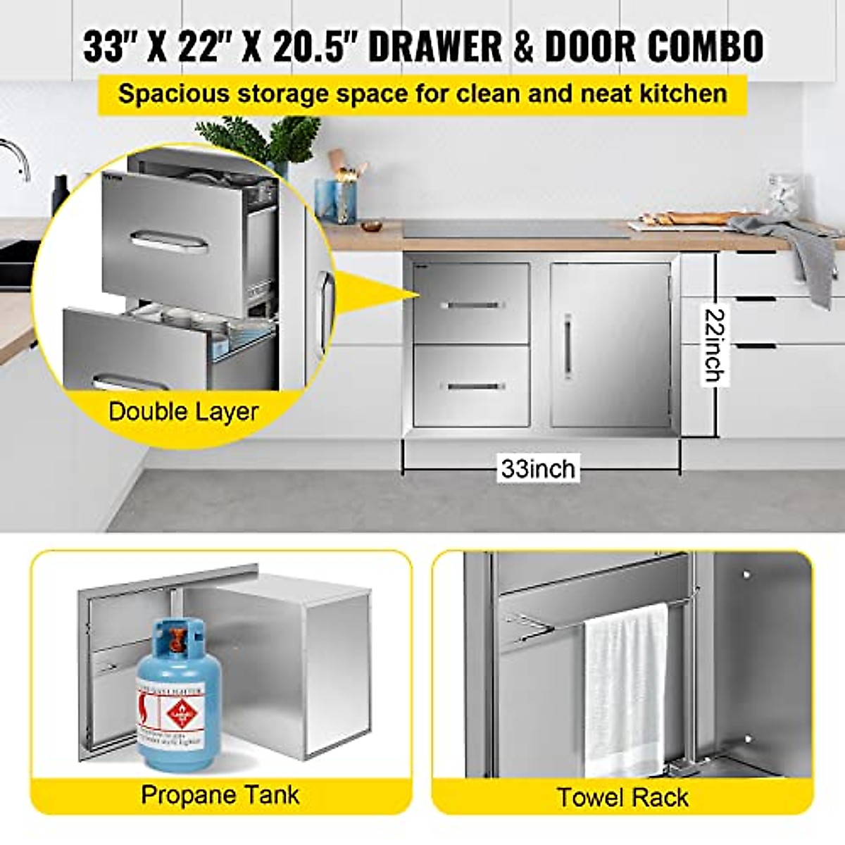VBENLEM Outdoor Kitchen Drawers Combo 32.5x21.6 Inch Stainless Steel Access Door/Double Drawers with Paper Towel Rack for Outdoor BBQ Island & Kitchen