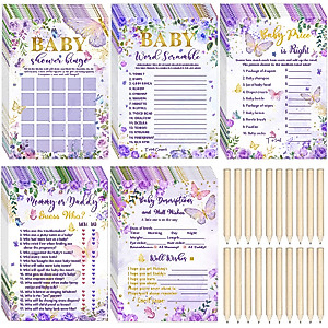 Nuanchu 145 Pcs Butterfly Theme Baby Shower Games, 5 Games, 25 Sheets Each with 20 Pencils, Baby Shower Bingo, Guess Who, Word Scramble, Baby Descriptions and Wishes Game