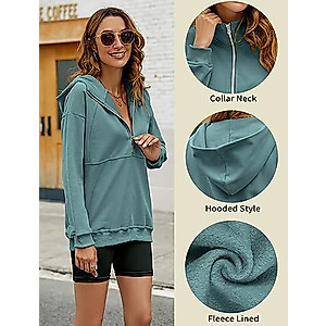 PGANDS Women's Hoodies Half Zip Fleece Sweatshirts Long Sleeve Lined Collar Zipper Loose Casual Hooded Pullover Tops Teal