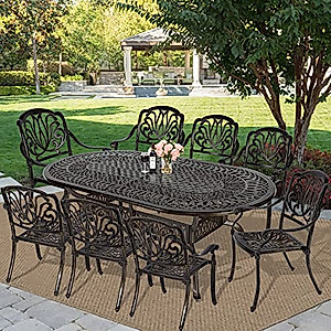 MEETWARM 9-Piece Outdoor Patio Dining Set, 8 Outdoor Dining Chairs and 1 Oval Table with 2" Umbrella Hole, All Weather Cast Aluminum Patio Funiture Set for Backyard, Patio, Garden